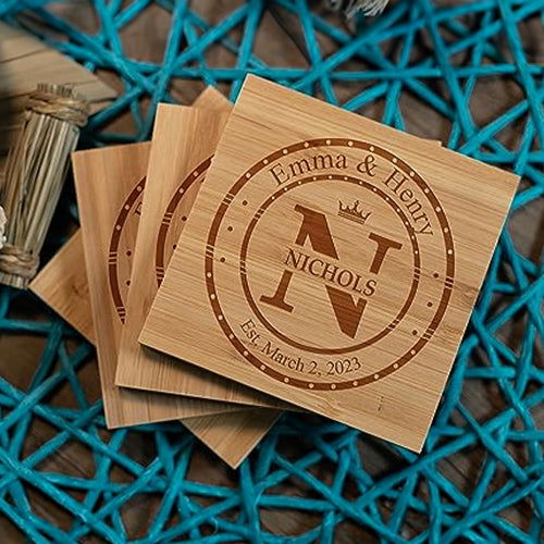 Personalized Bamboo Coasters with Family and Monogram Designs – Tayfus
